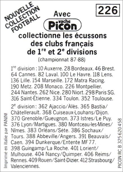 Football 1988 - Ecussons des Clubs français - Vache Picon Football